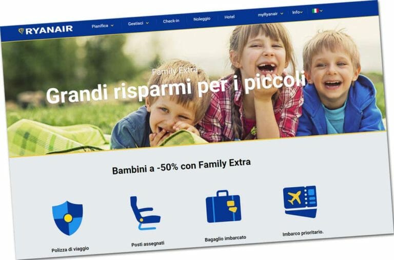 Ryanair, sconto Family-Extra: ecco come funziona